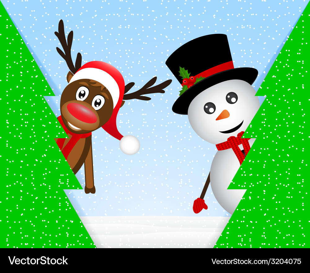 Snowman and reindeer peeking from behind trees Vector Image