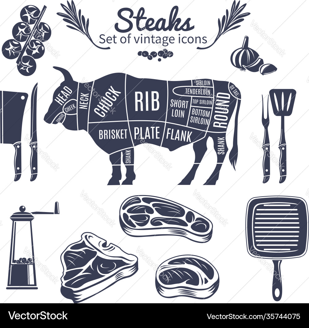 Steaks vintage style icons set Royalty Free Vector Image