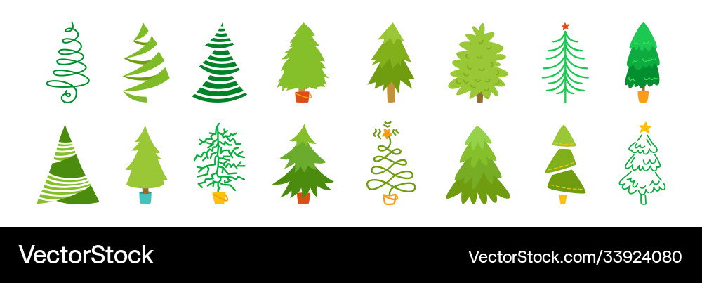 Collection xmas tree cartoon set modern Royalty Free Vector