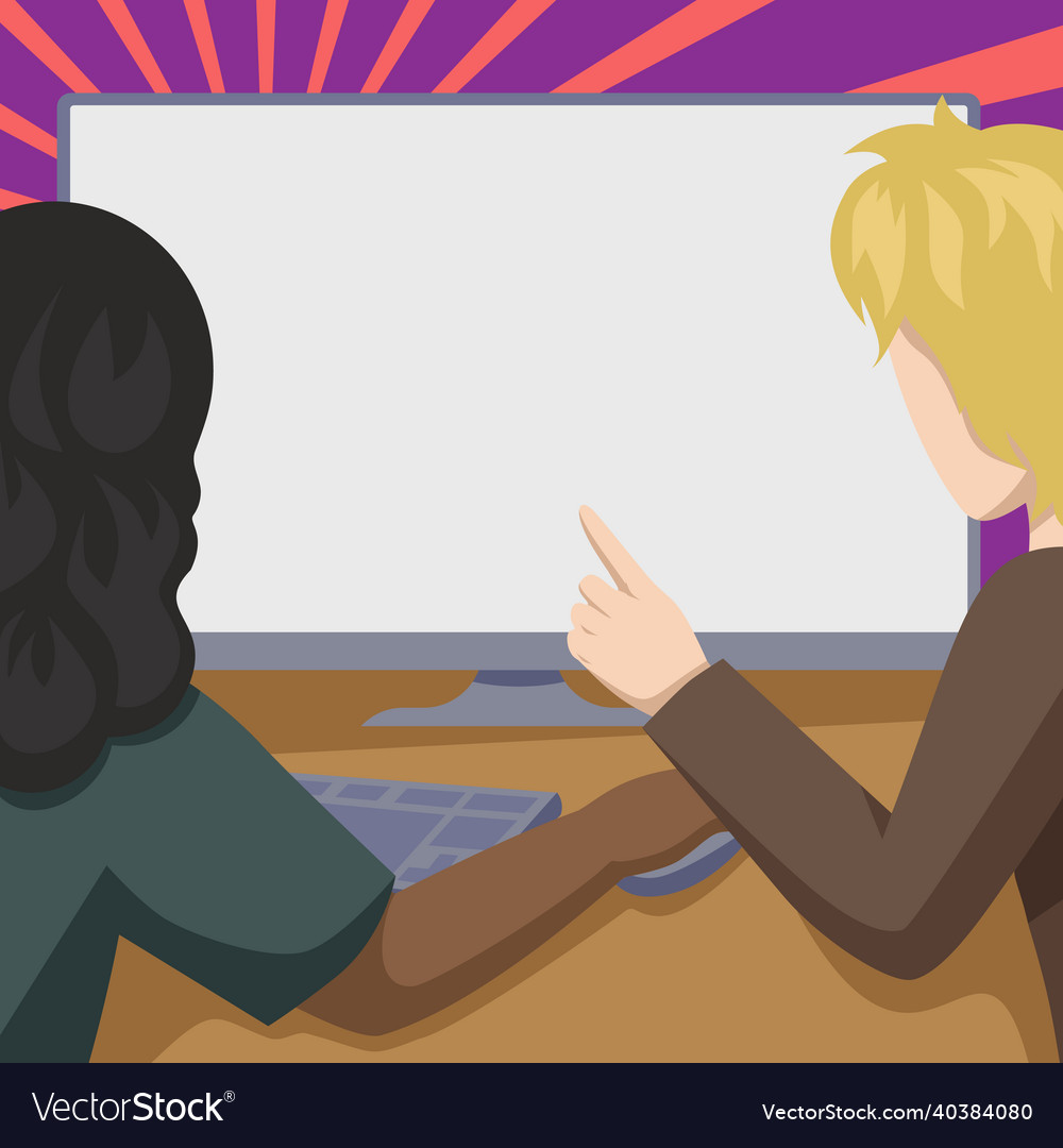 Couple drawing using desktop computer helping Vector Image