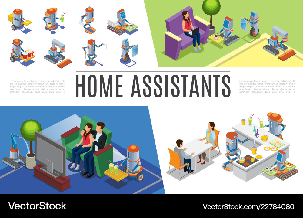 Isometric robotic home assistants collection Vector Image