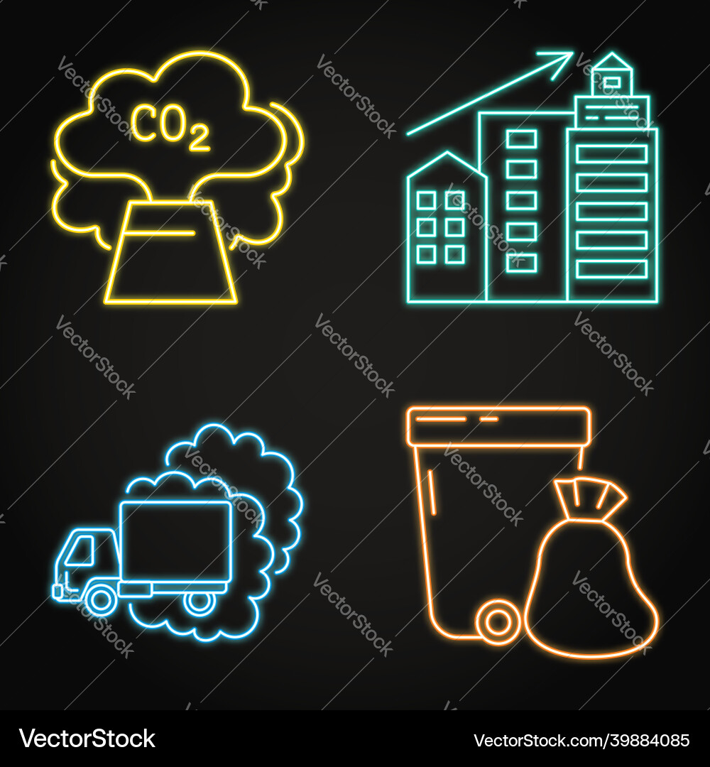 Neon icon set - causes of climate change Vector Image