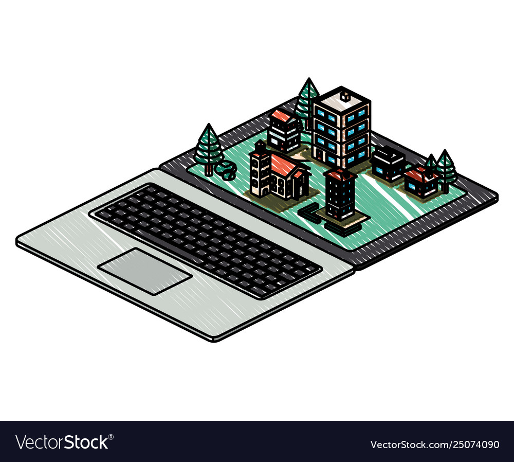 Computer laptop and building scene isometric icon Vector Image