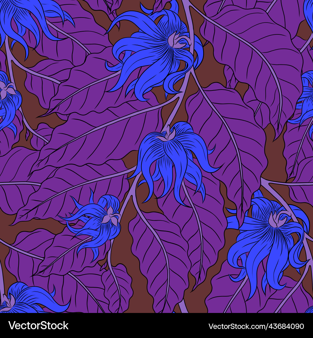 Seamless burgundy pattern with blue ylang-ylang Vector Image