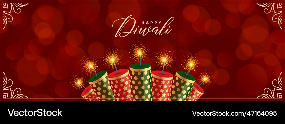 Decorative happy diwali crackers red banner design