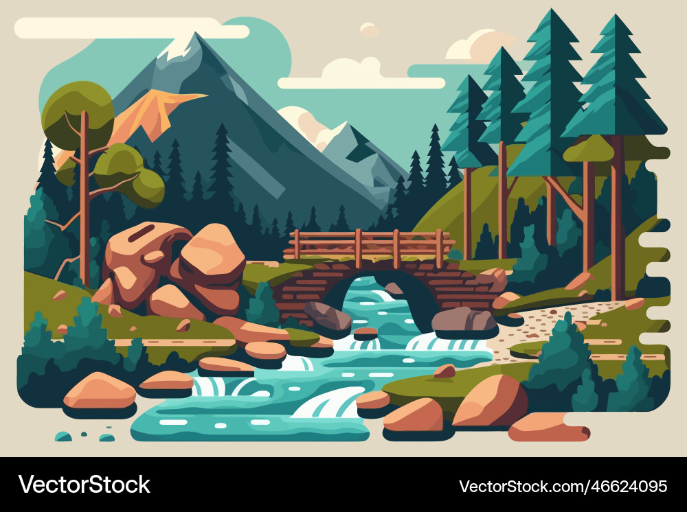 Mountains landscape with river and wooden bridge Vector Image