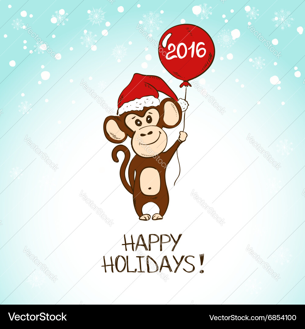 Christmas greeting card with monkey holding Vector Image