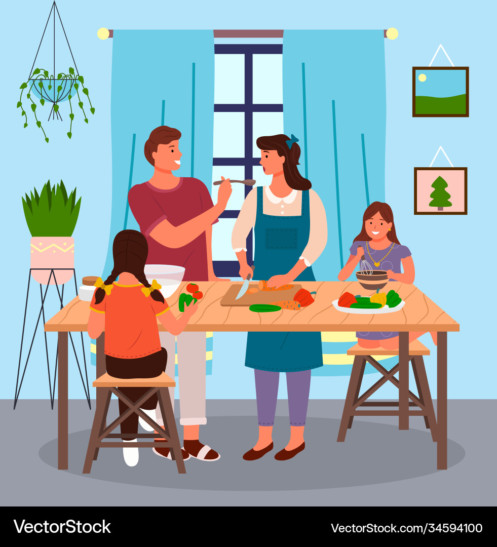 Young mom and dad cooking with daughters at Vector Image