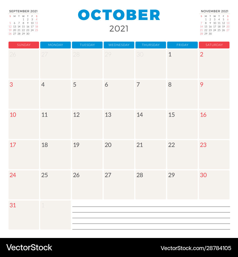 Calendar planner for october 2021 week starts Vector Image