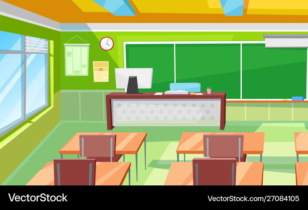 Classroom interior room with desks and blackboard Vector Image