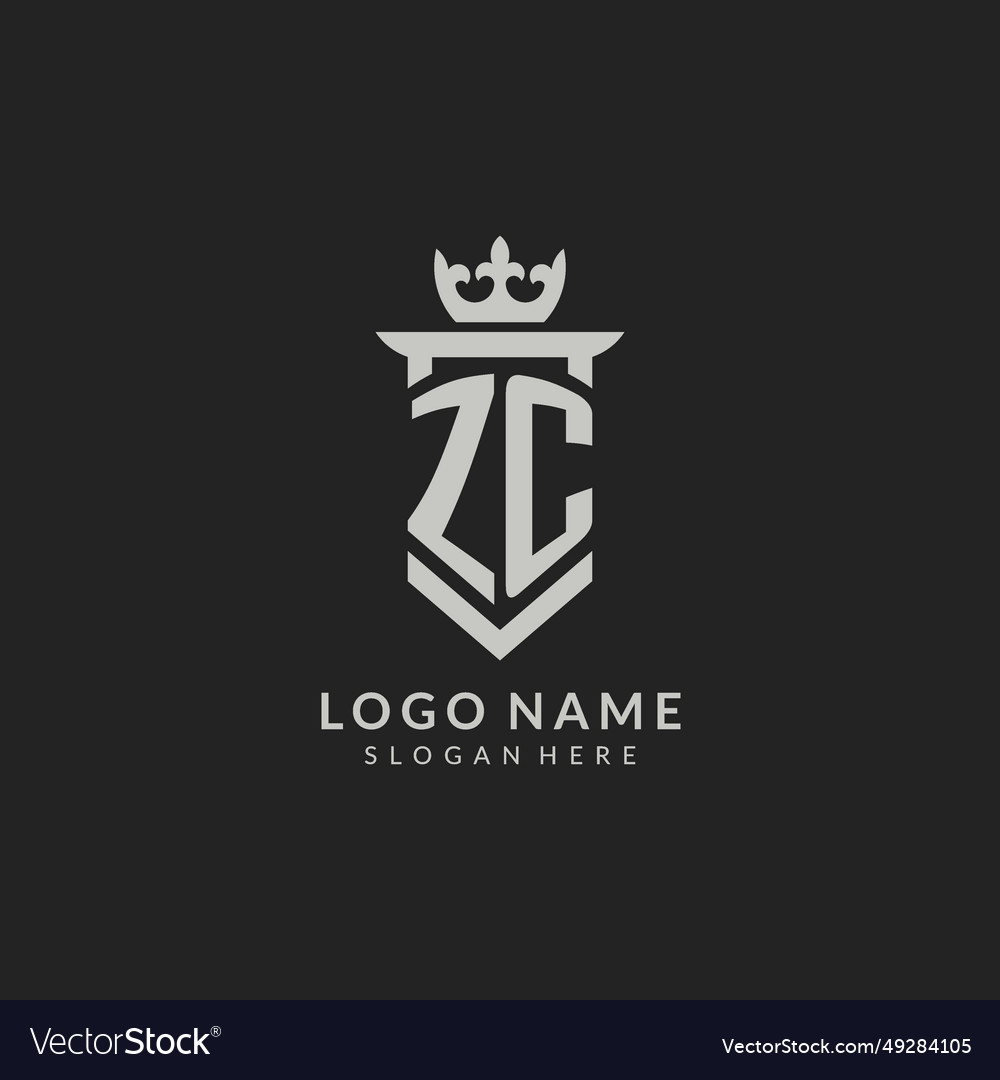 Initial zc shield and crown logo style Royalty Free Vector