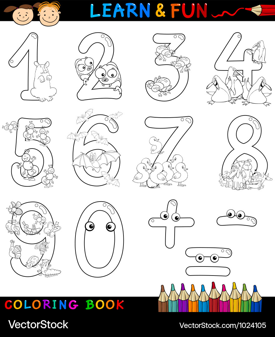 Numbers with cartoon animals for coloring Vector Image