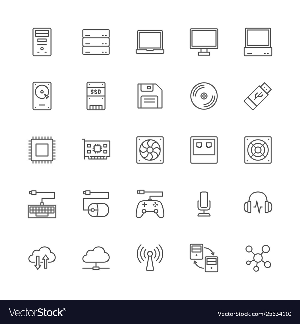 Set computer components line icons system unit Vector Image