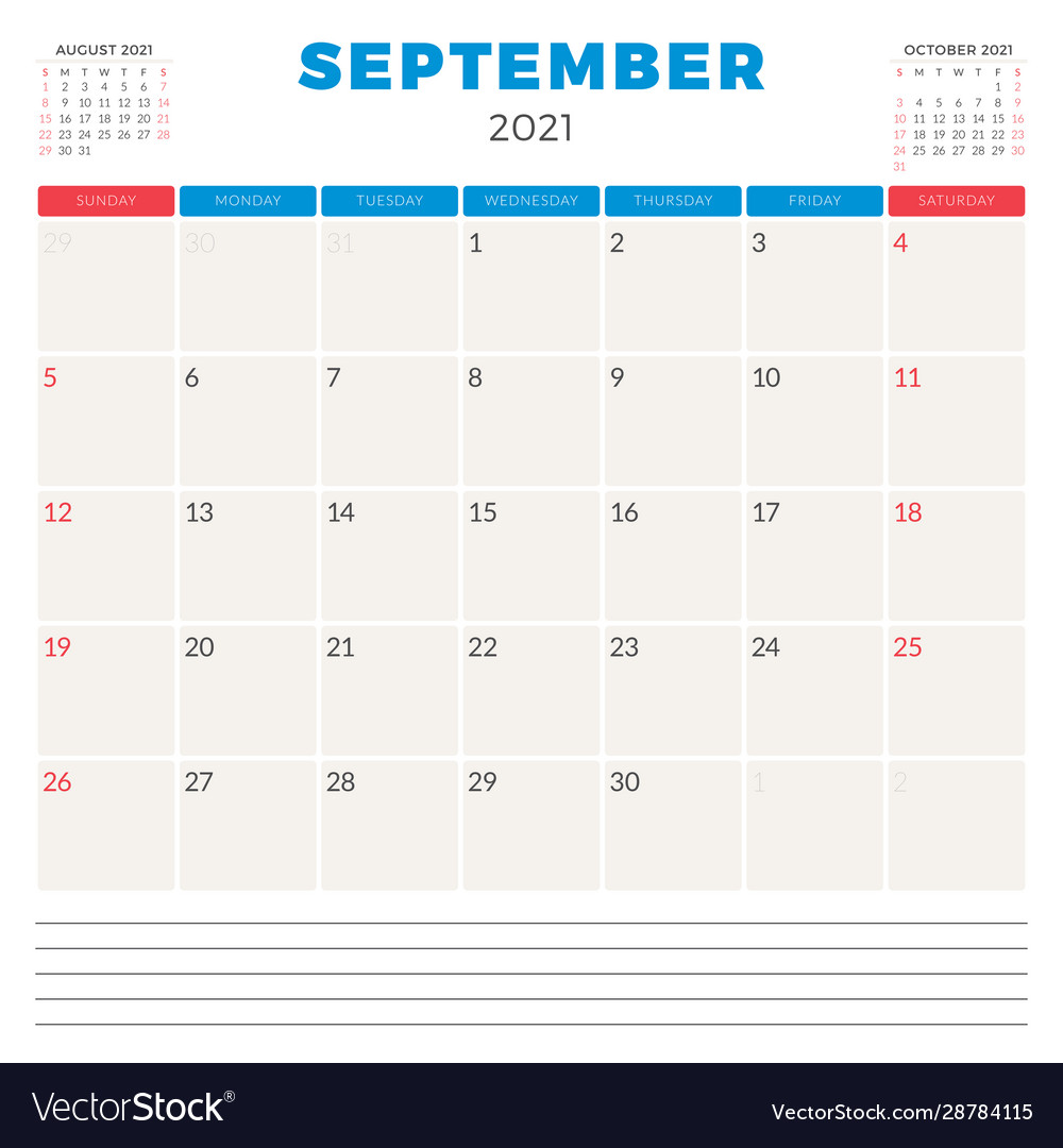 Calendar planner for september 2021 week starts Vector Image