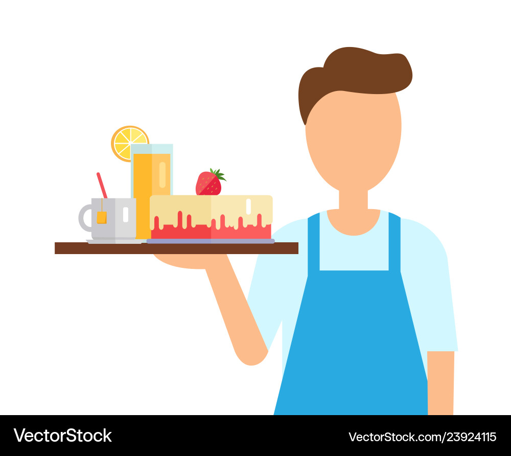 Waiter holding tray with drinks and cake Vector Image