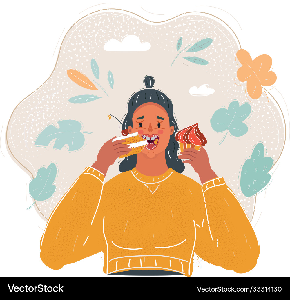 Woman eating cake on dark Royalty Free Vector Image