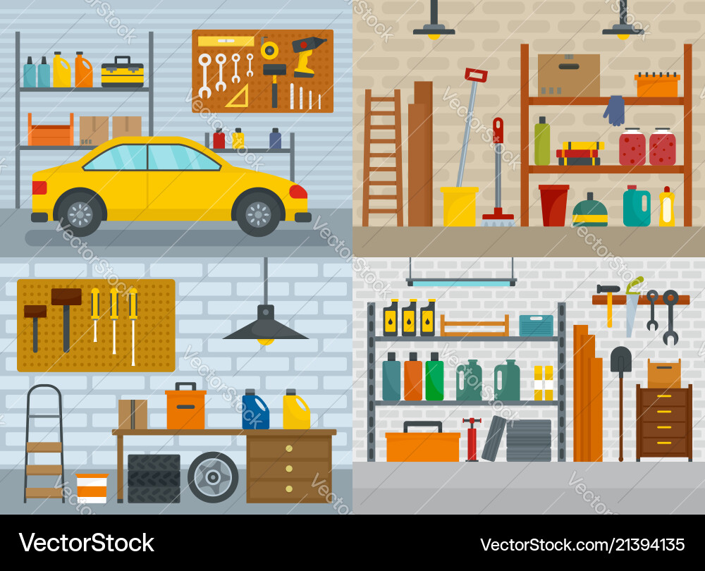 Garage interior car banner concept set flat style Vector Image