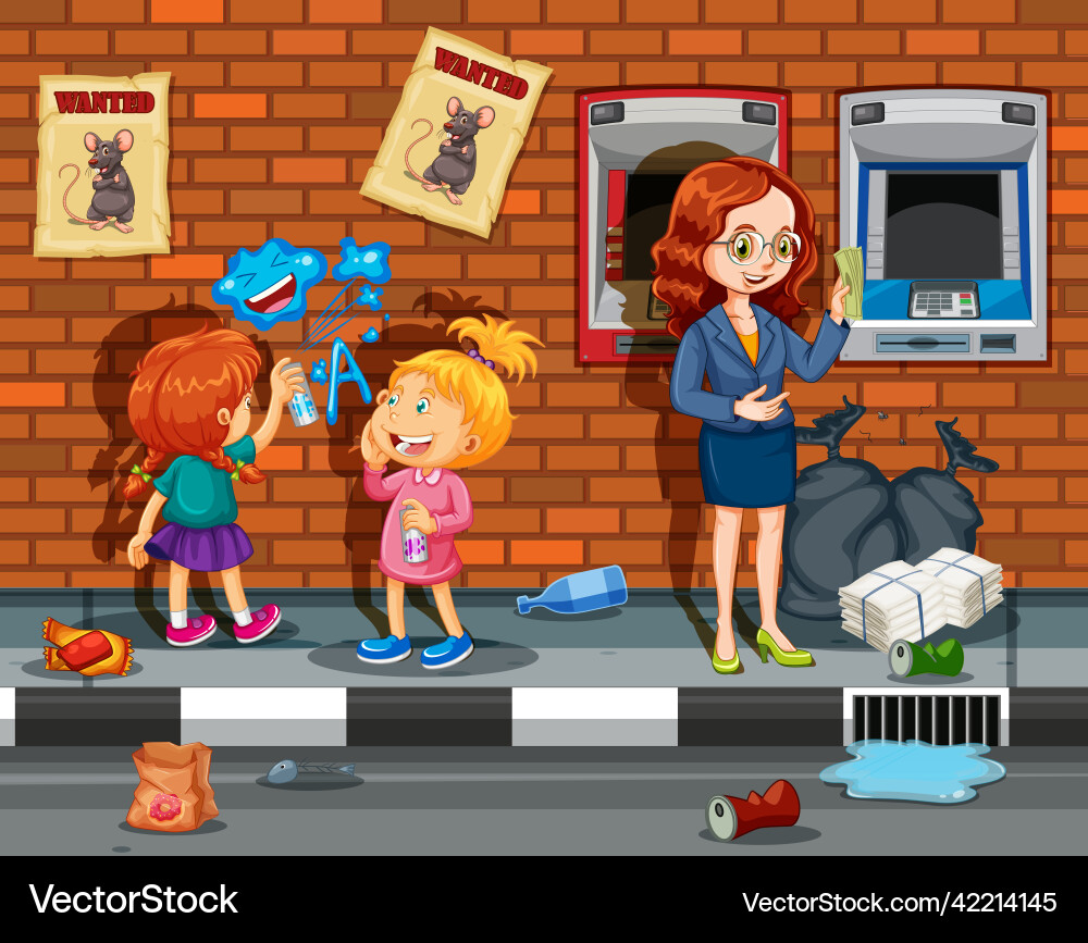 Garbage on street scene with people Royalty Free Vector