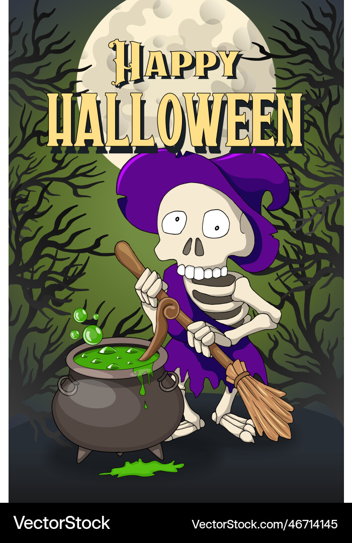 Happy halloween postcard template skeleton hag Vector Image