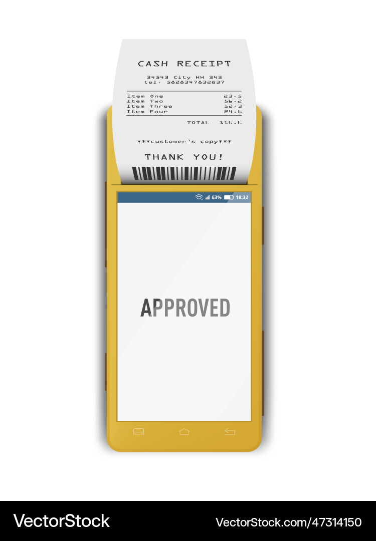 3d yellow pos terminal with approved payment Vector Image