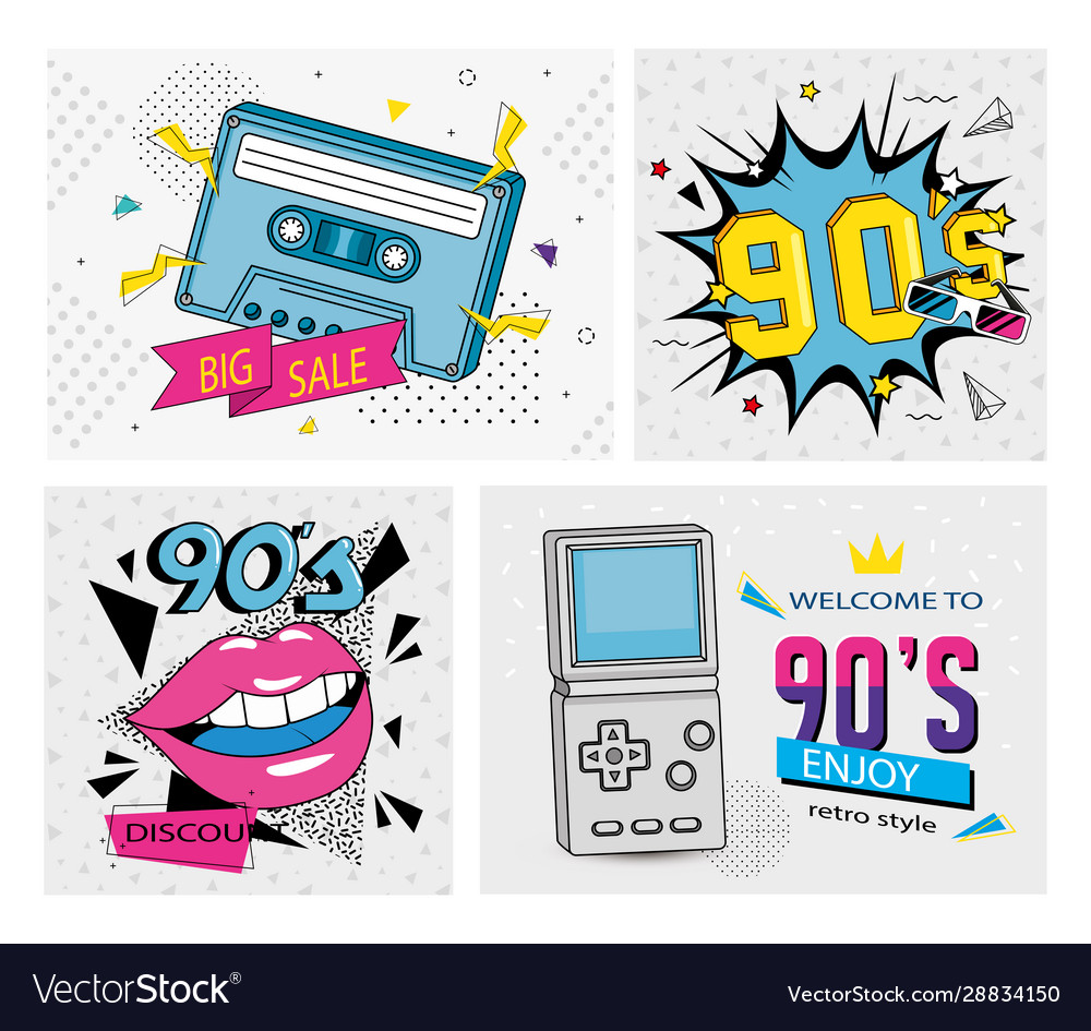 Set poster nineties retro style with icons Vector Image