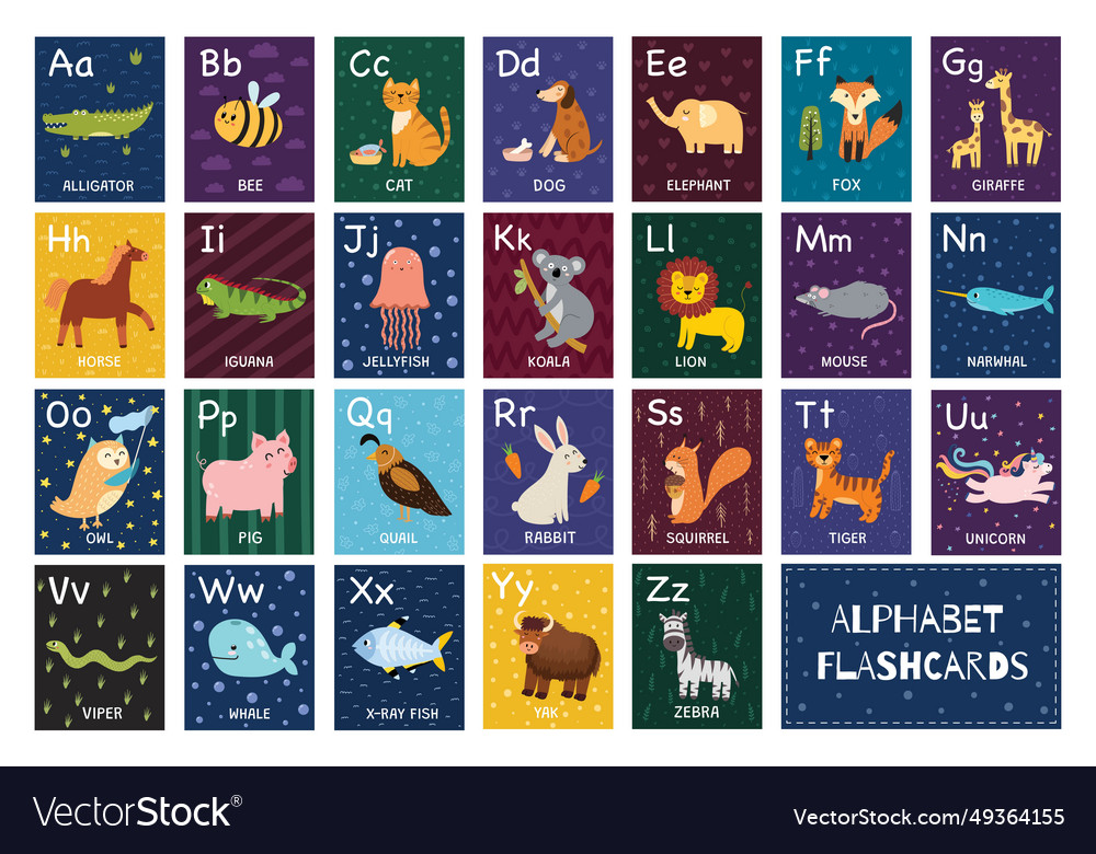 Alphabet flashcards collection with cute animals Vector Image