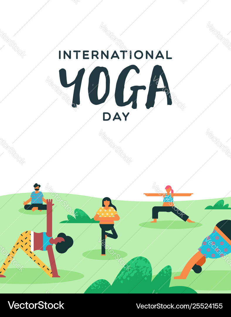Yoga day poster people doing exercise in park Vector Image