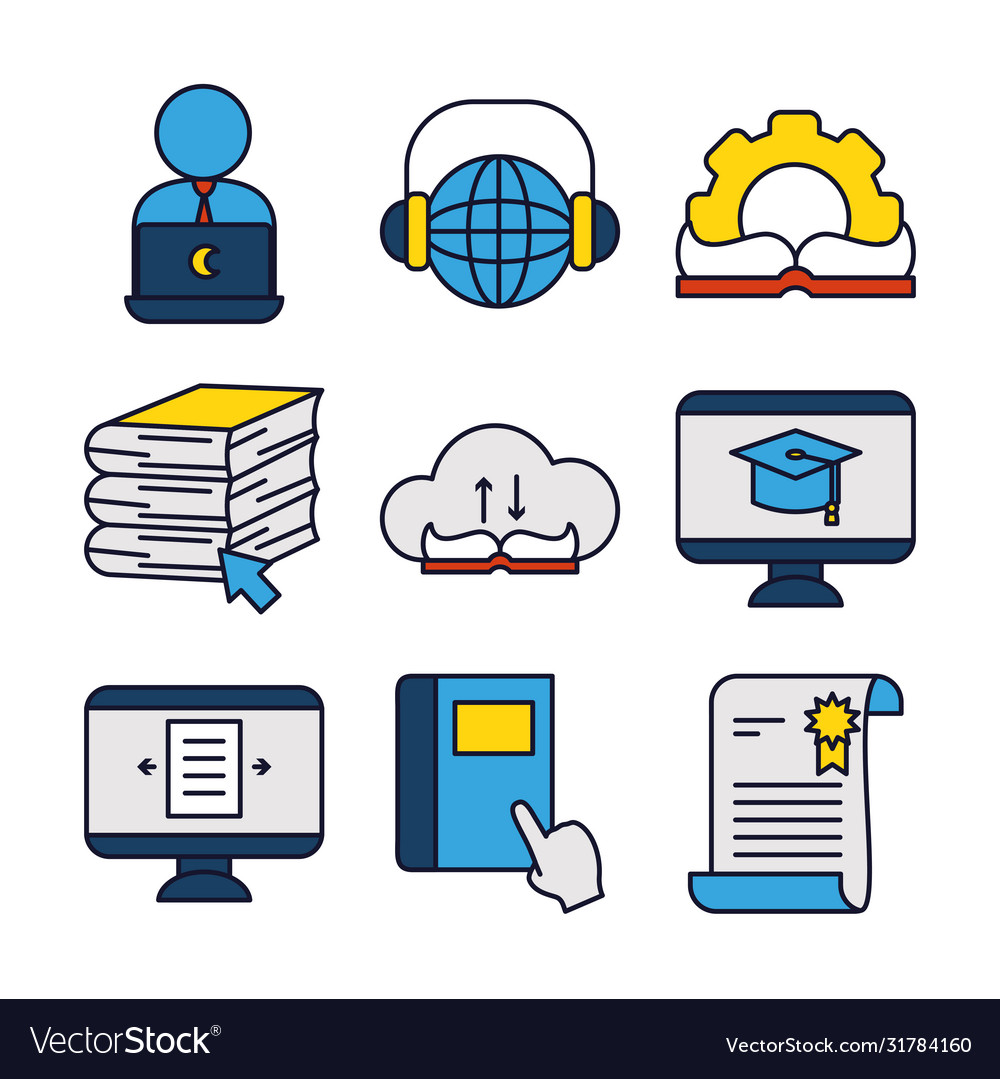 Books and online education icon set line fill Vector Image