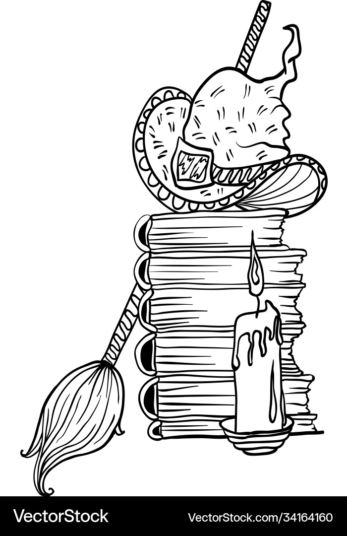 Stack books and candle near witch hat broom Vector Image