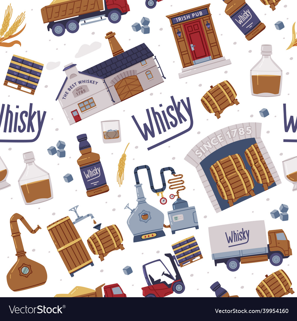 Whiskey production process with distillation Vector Image