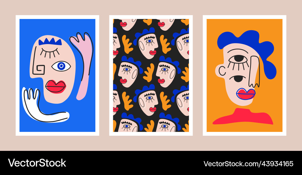 Cubism wall art surrealistic abstract face set Vector Image