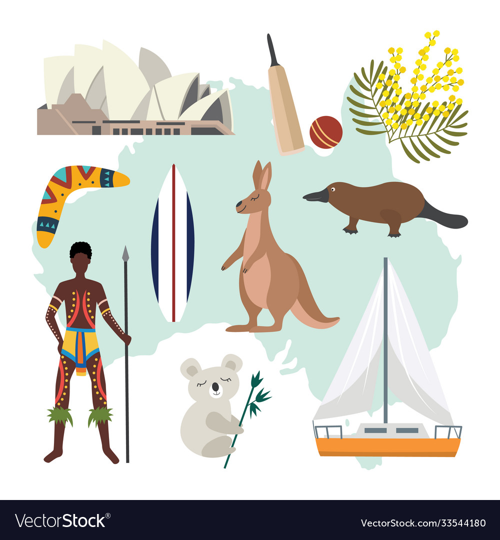 Australia map with national symbols and culture Vector Image