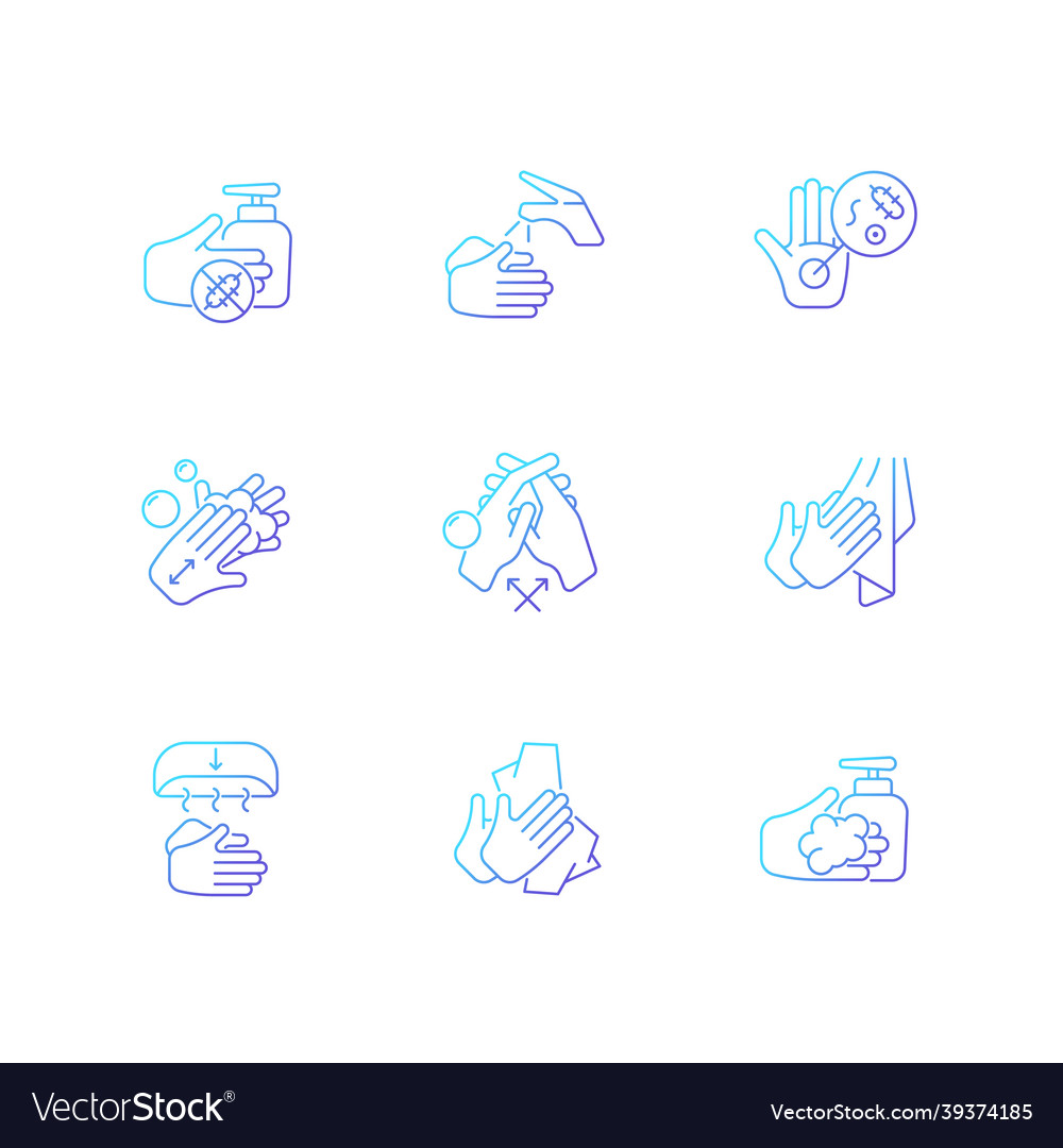 Hand washing steps gradient linear icons set Vector Image