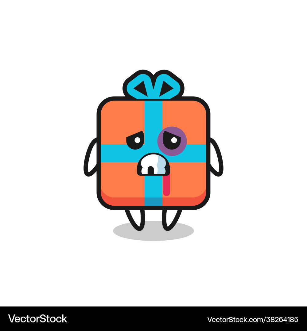 Injured gift box character with a bruised face Vector Image