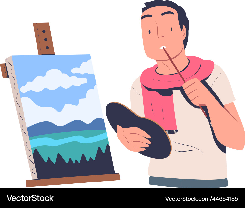 Man character drawing nature landscape with easel Vector Image