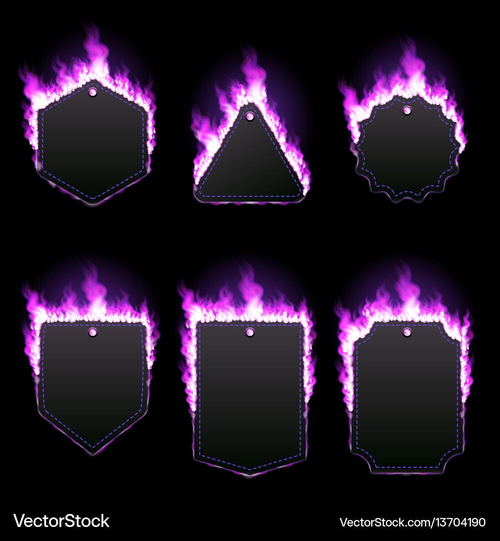 Set of six frames surrounded with purple flame Vector Image