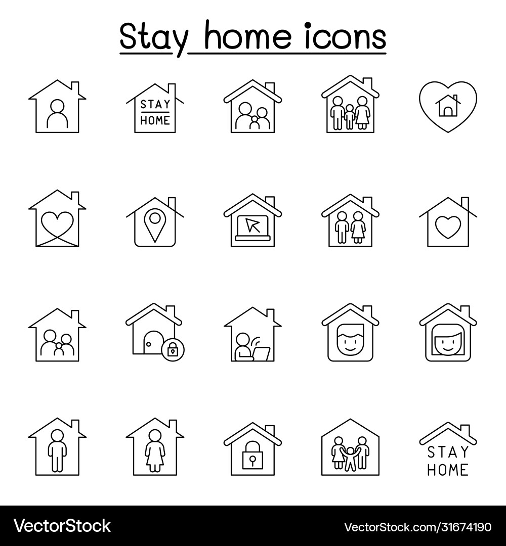 Stay home icons set in thin line style Royalty Free Vector