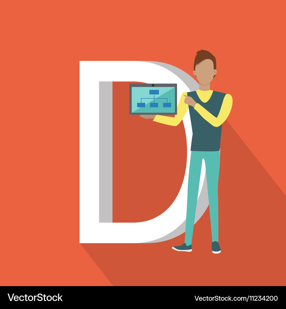 D Letter and Person Demonstrating Chart on Tablet Vector Image