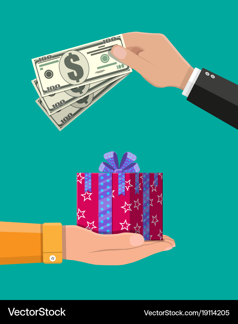 Gift box and money in hand Royalty Free Vector Image
