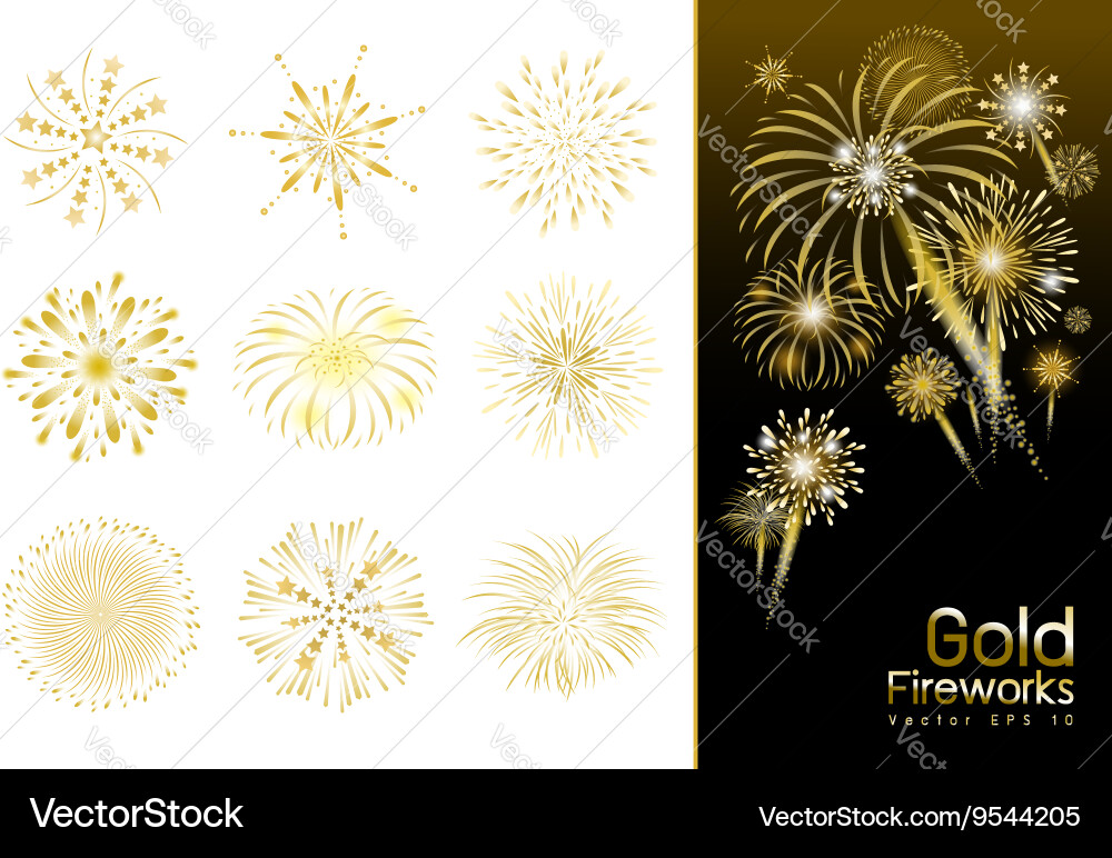 Set of gold fireworks design Royalty Free Vector Image