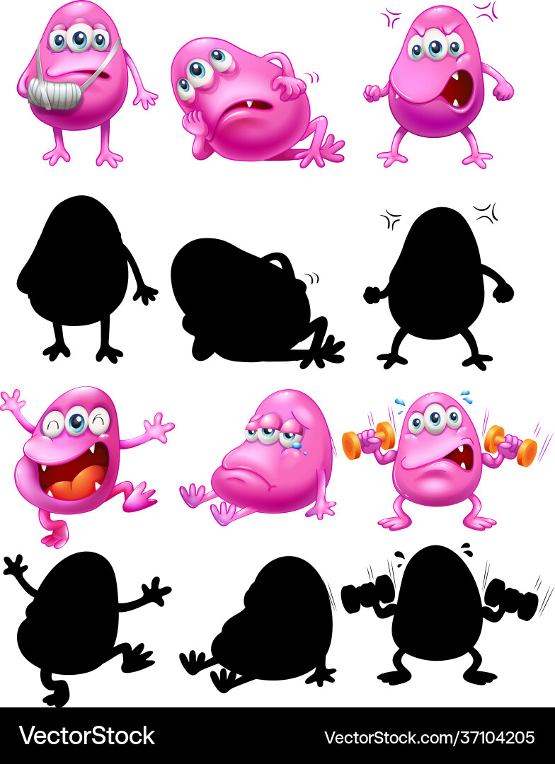 Set pink monster with its silhouette on white Vector Image