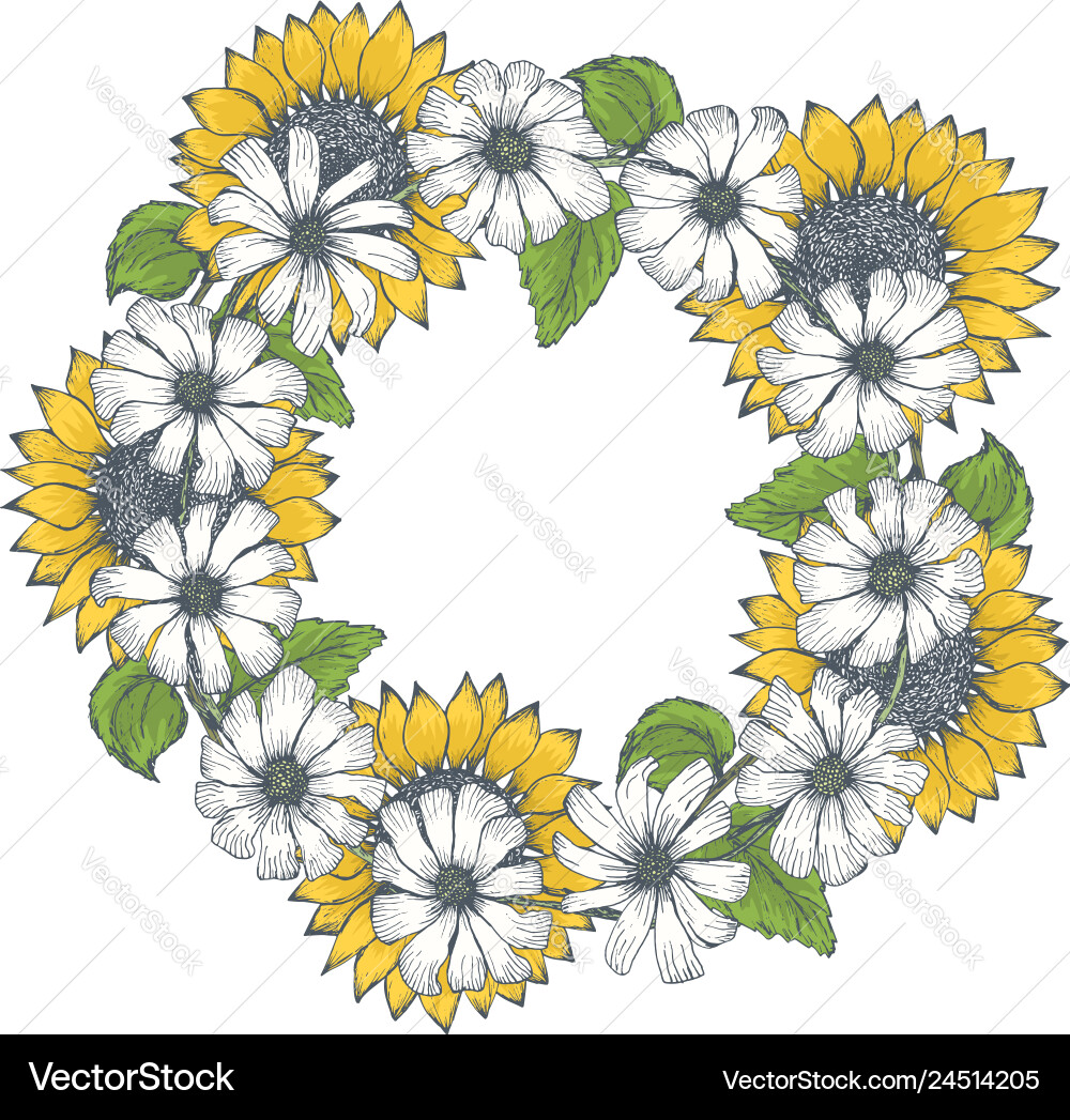 Summer round frame with chamomiles and sunflowers Vector Image