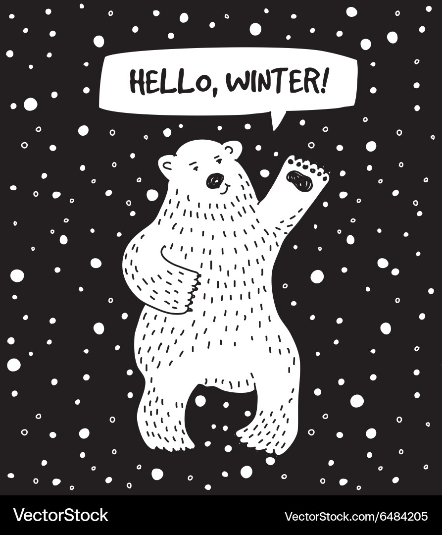 White bear with snow and sign hello winter Vector Image