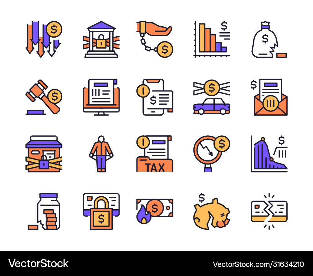 Color linear icon set financial crisis Royalty Free Vector