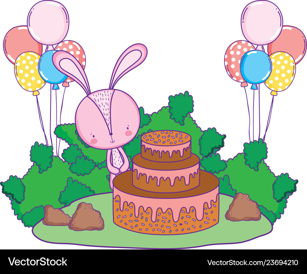 Rabbit with sweet cake and balloons Royalty Free Vector