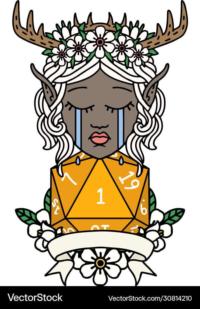Sad elf druid character face with natural one d20 Vector Image