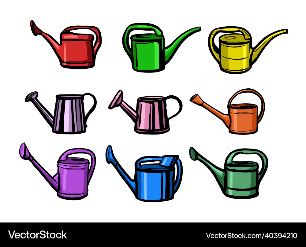 Set of colored watering cans 9 pcs Royalty Free Vector Image