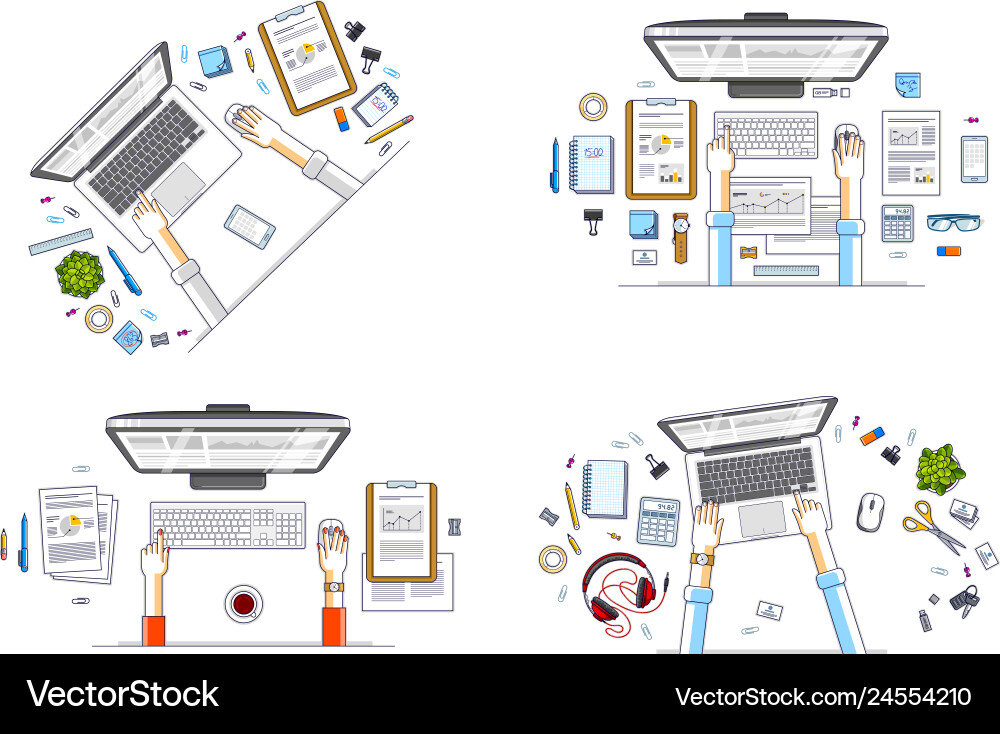 Work desks workspaces top view with hands of Vector Image
