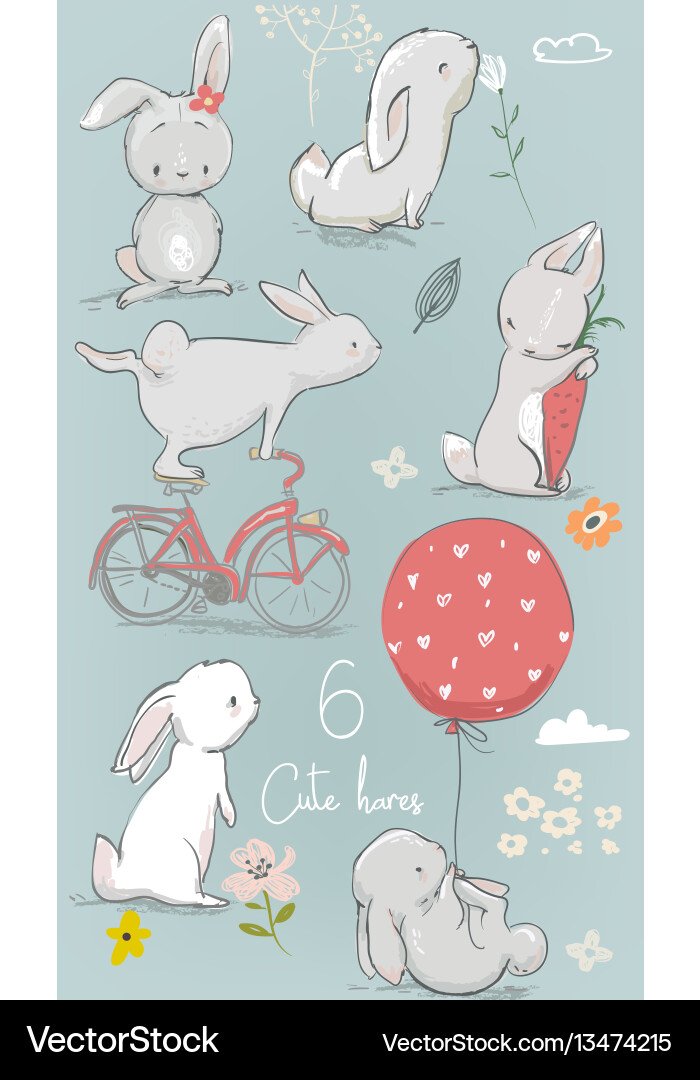 6 cute cartoon hares Royalty Free Vector Image
