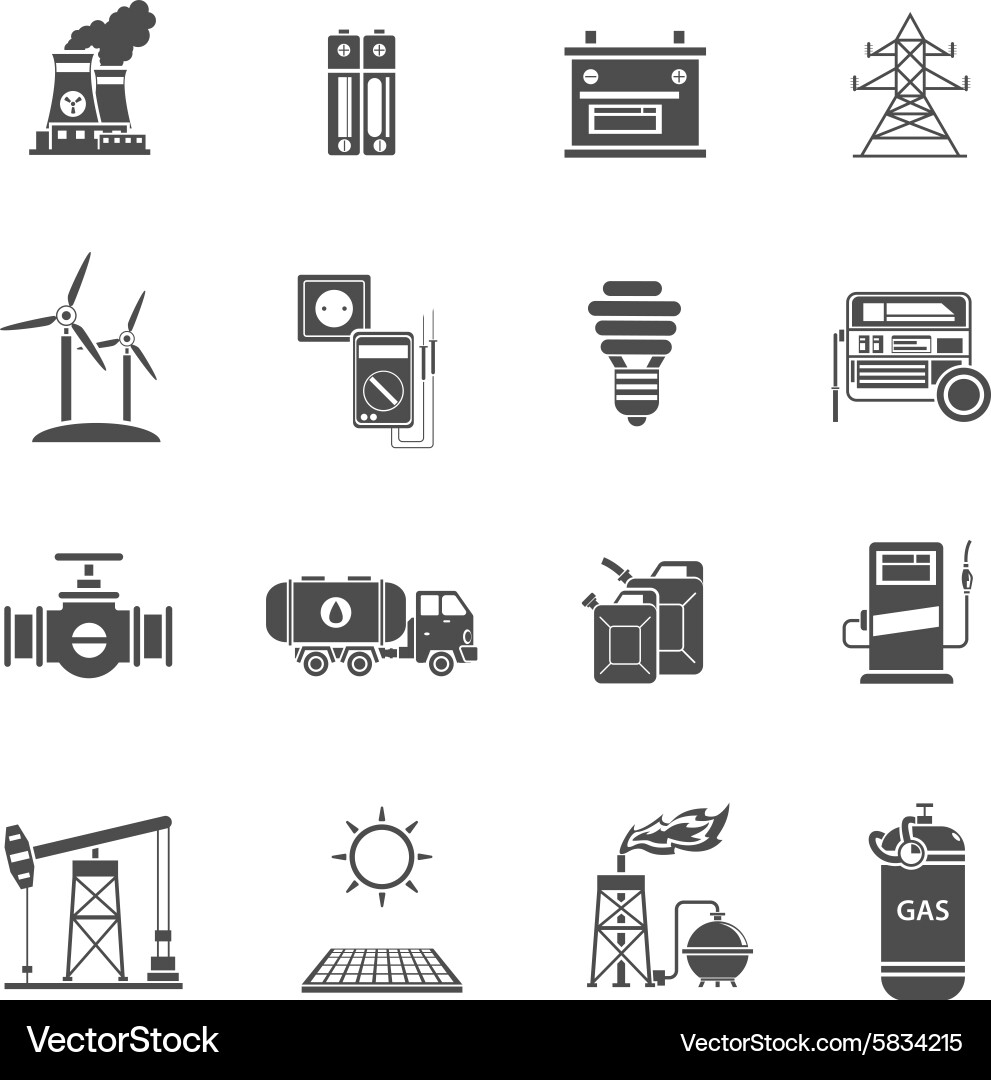 Energy power black icons set Royalty Free Vector Image